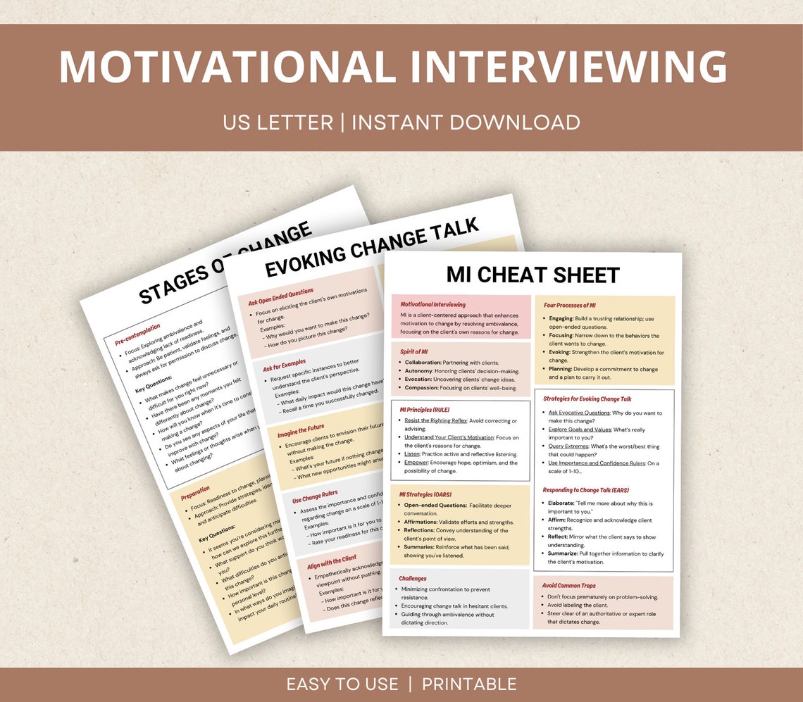 Motivational Interviewing Therapy Cheat Sheets, Stages of Change, MI ...