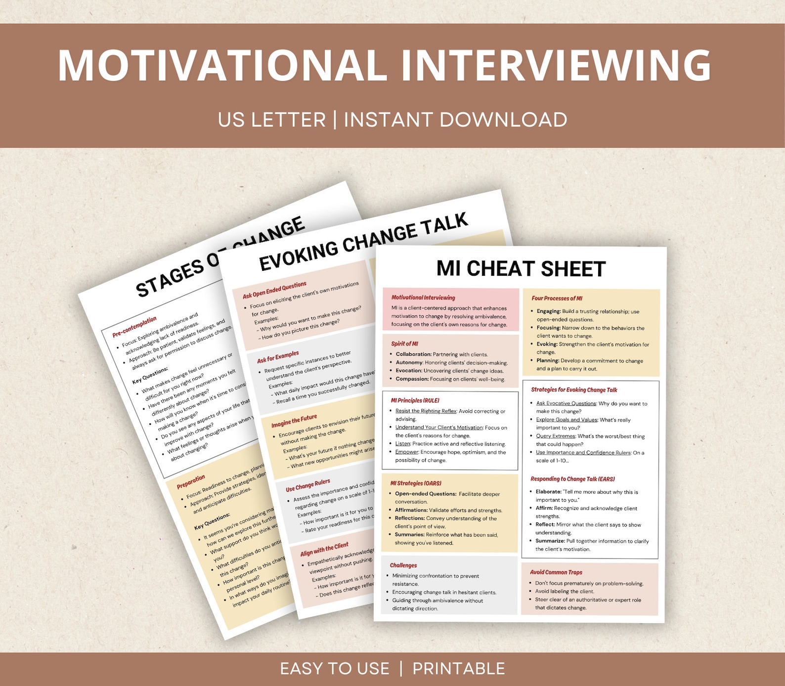 Motivational Interviewing Therapy Cheat Sheets, Stages of Change, MI ...