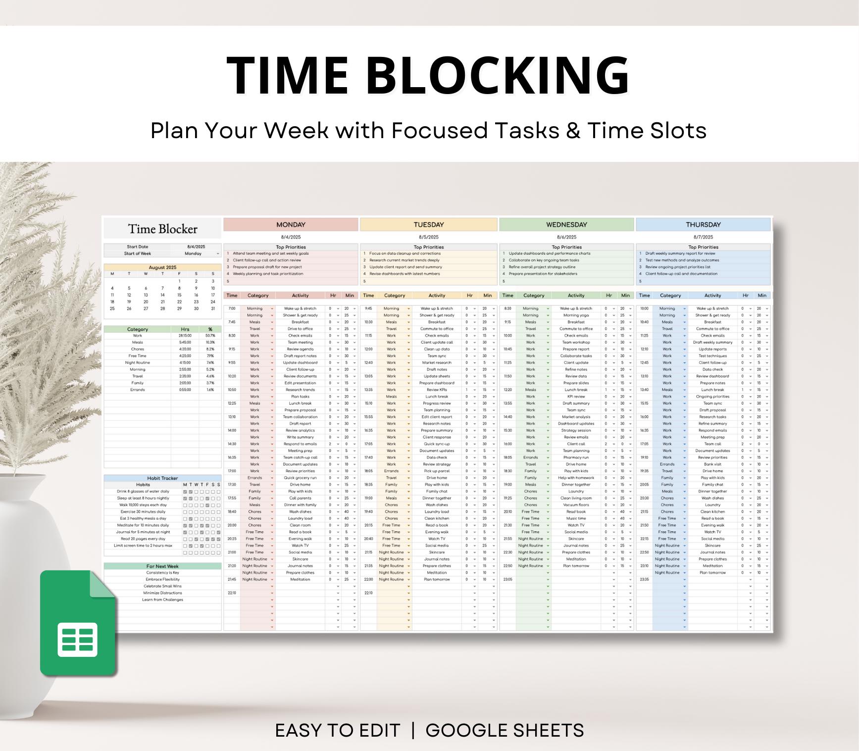 Weekly Time Blocking Planner Spreadsheet, 24 Hour Weekly Time Schedule ...