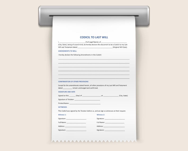 Editable Codicil to Will Template, One Page Will Codicil Form ...