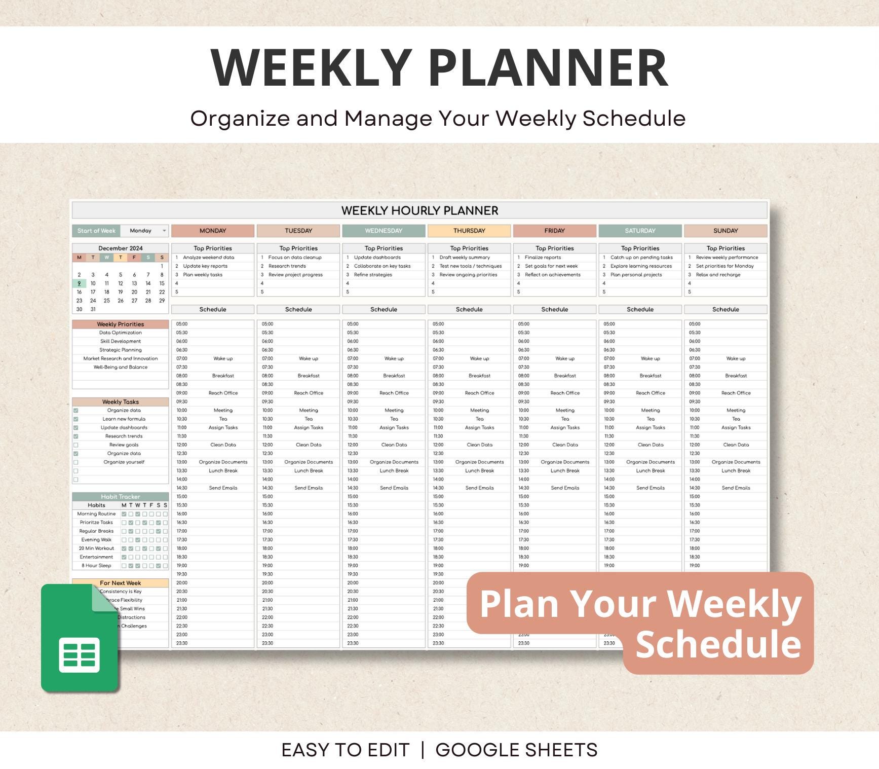 Weekly Hourly Planner Spreadsheet, Week at a Glance, Weekly Schedule ...