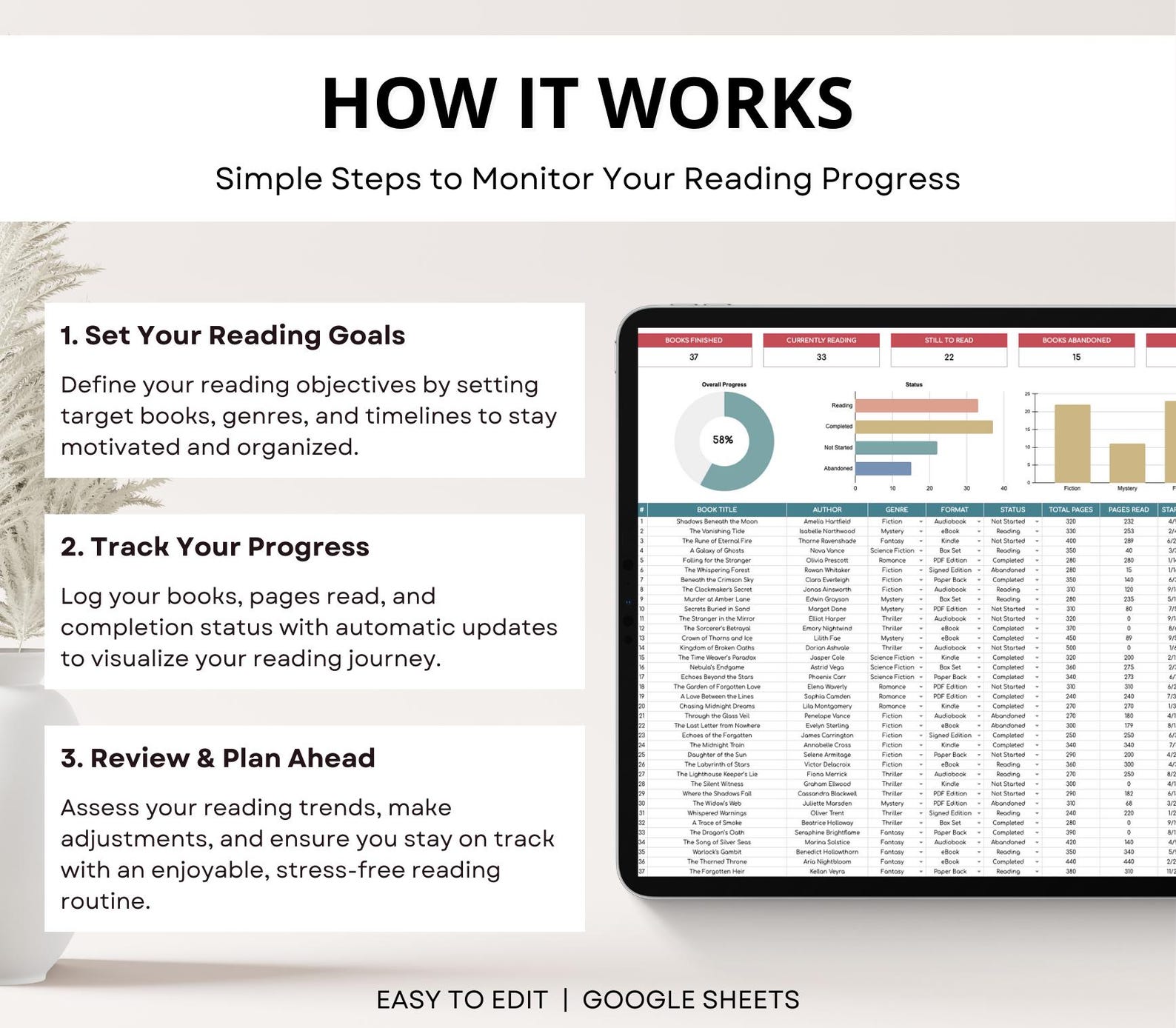 Simple Reading Tracker Spreadsheet, Reading Checklist, Book Journal ...