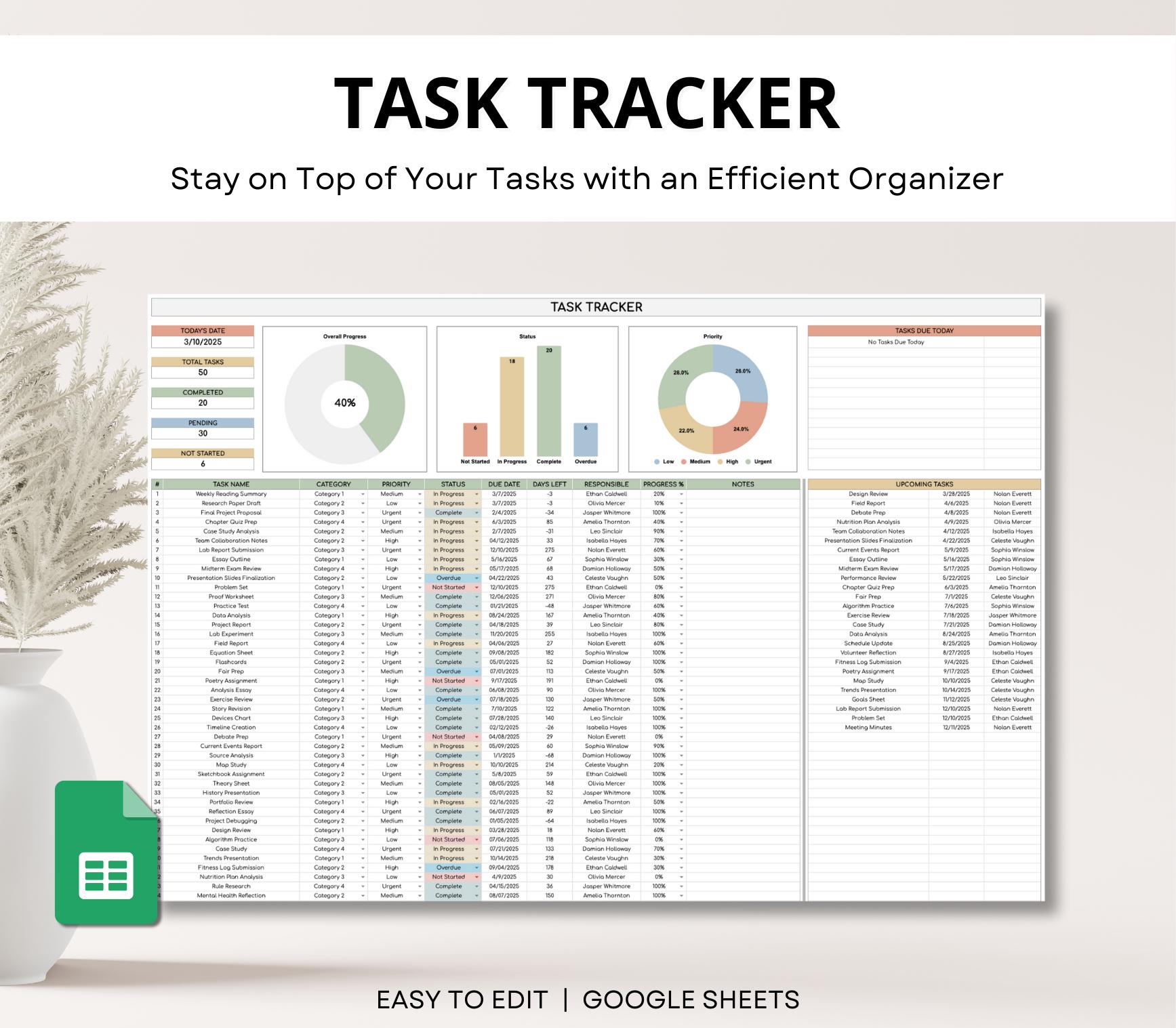 Task Tracker Spreadsheet, to Do Task Checklist, Task Scheduler ...