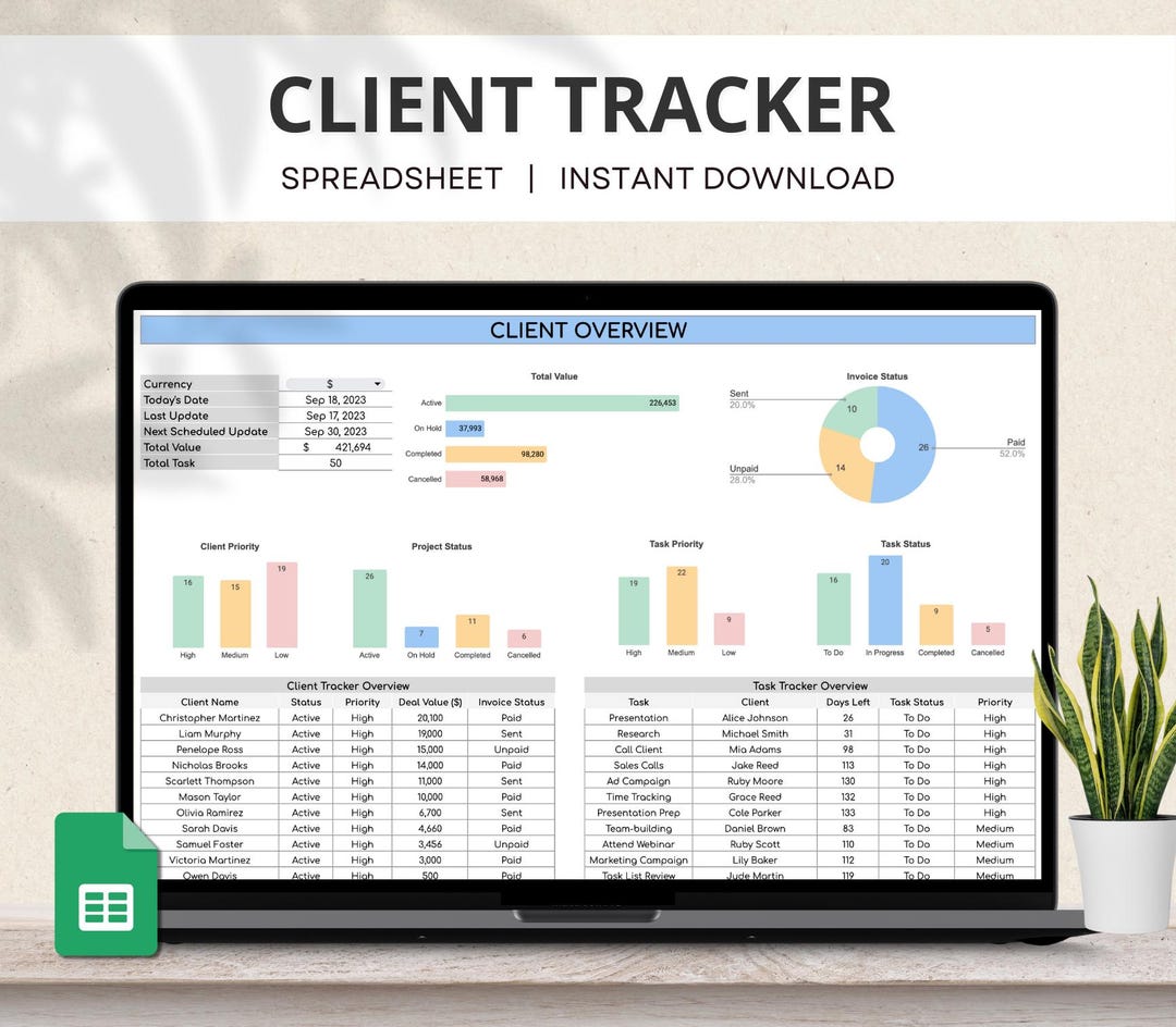 Client Tracker Google Sheets, Client Management Template, CRM Dashboard ...