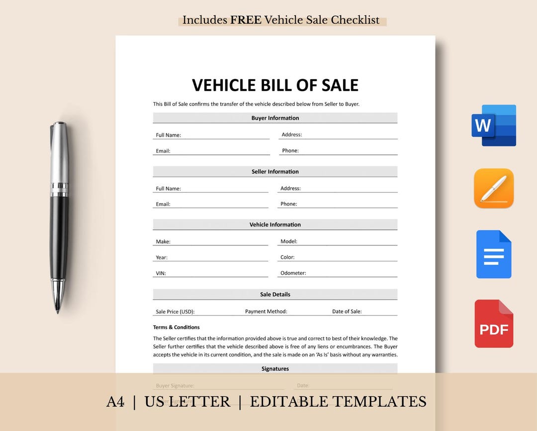 Editable Vehicle Bill of Sale, Motor Vehicle Sale Contract, Car Sale ...