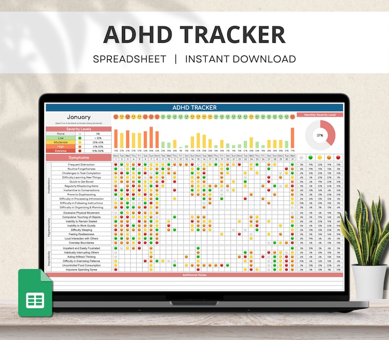 ADHD Tracker Spreadsheet, Monthly ADHD Symptoms Tracker, ADHD ...