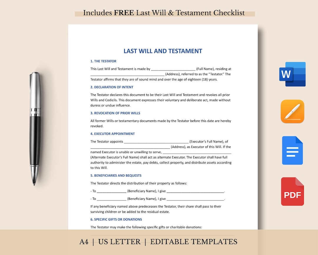 Editable Last Will and Testament Template, Printable Last Will and ...