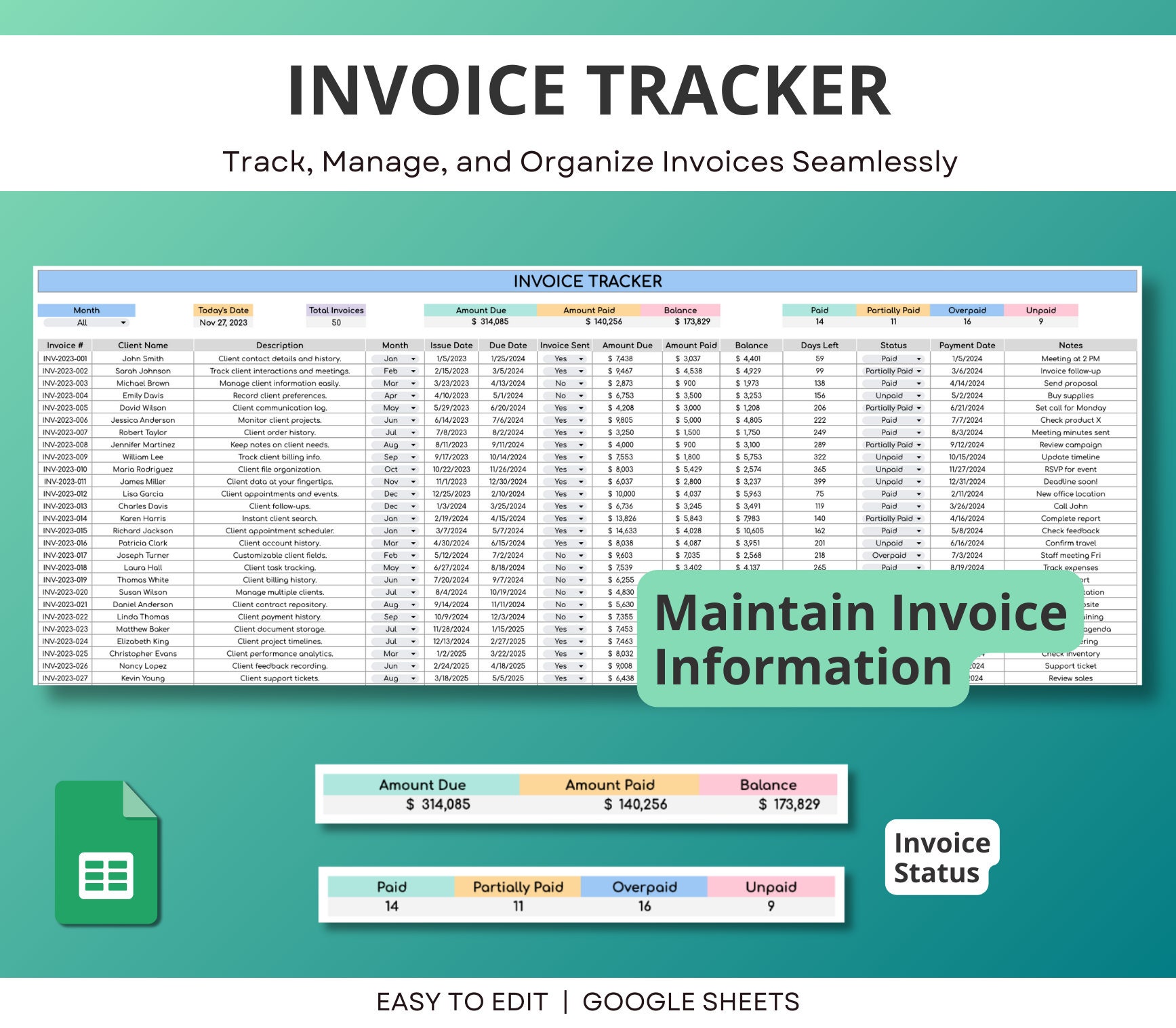 Invoice Tracker Google Sheets, Invoice Tracker Spreadsheet, Invoice ...