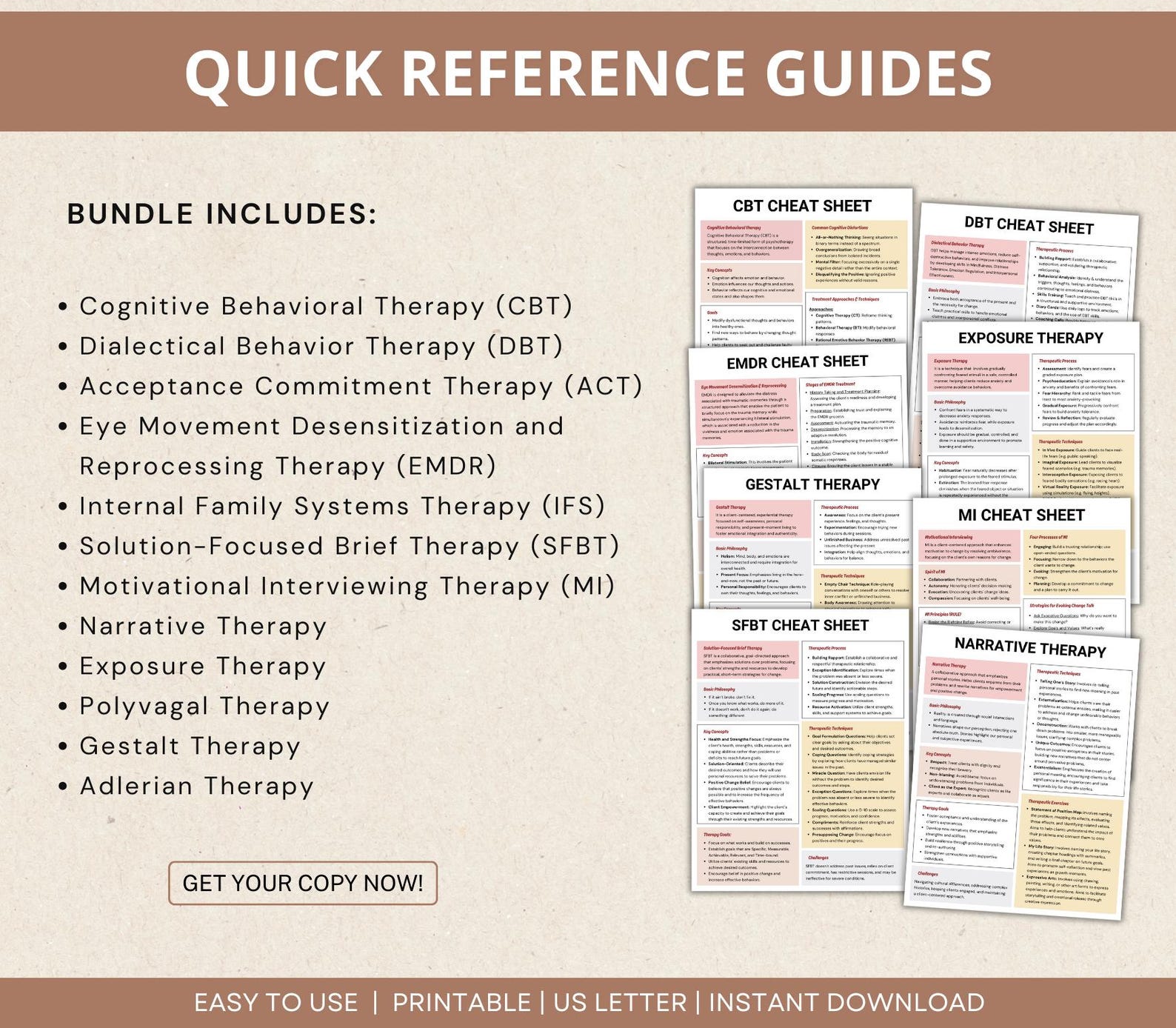 Therapeutic Cheat Sheets Bundle, Cbt, Dbt, Emdr, Erp, ACT, SFBT, IFS ...