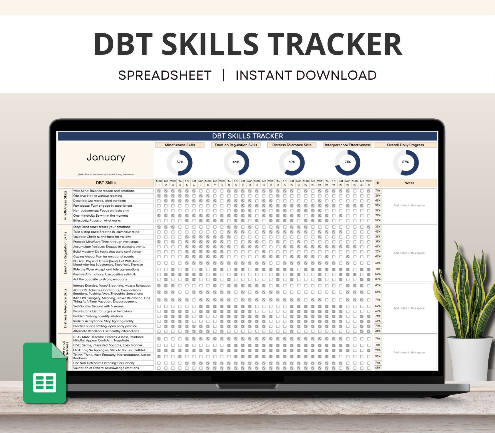 DBT Skills Tracker Google Sheet, DBT Diary Card, Dialectical Behavior ...