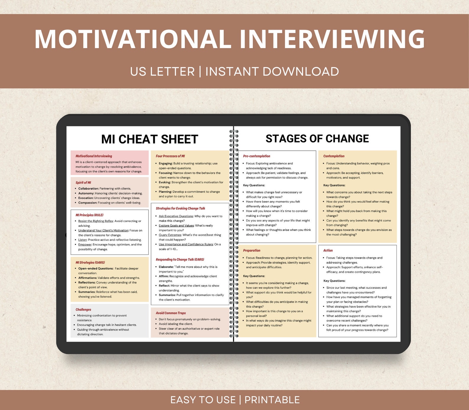 Motivational Interviewing Therapy Cheat Sheets, Stages of Change, MI ...