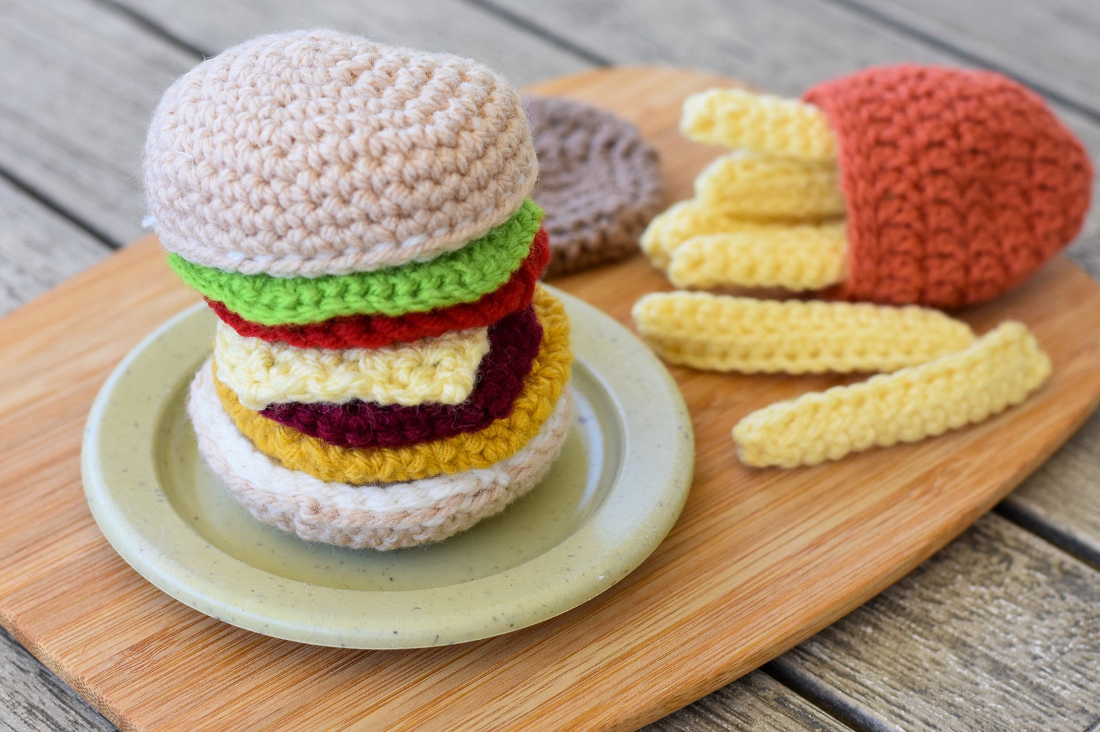 Handmade Crochet Burger & Chips Play Food Set 10pc W/ Calico Carry Bag ...