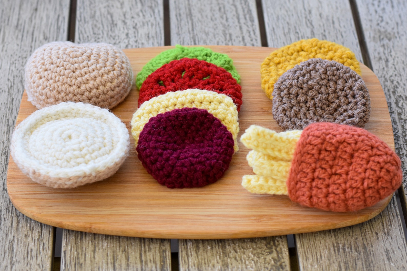 Handmade Crochet Burger & Chips Play Food Set 10pc W/ Calico Carry Bag ...