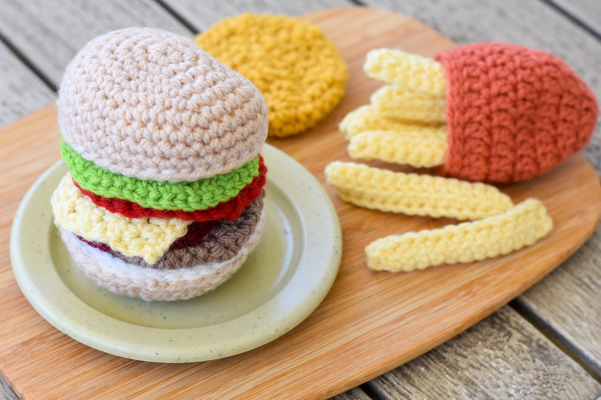Handmade Crochet Burger & Chips Play Food Set 10pc W/ Calico Carry Bag ...