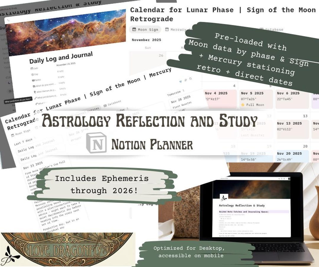 Astrology Study Notion Template | Ephemeris, Moon Phases (digital ...