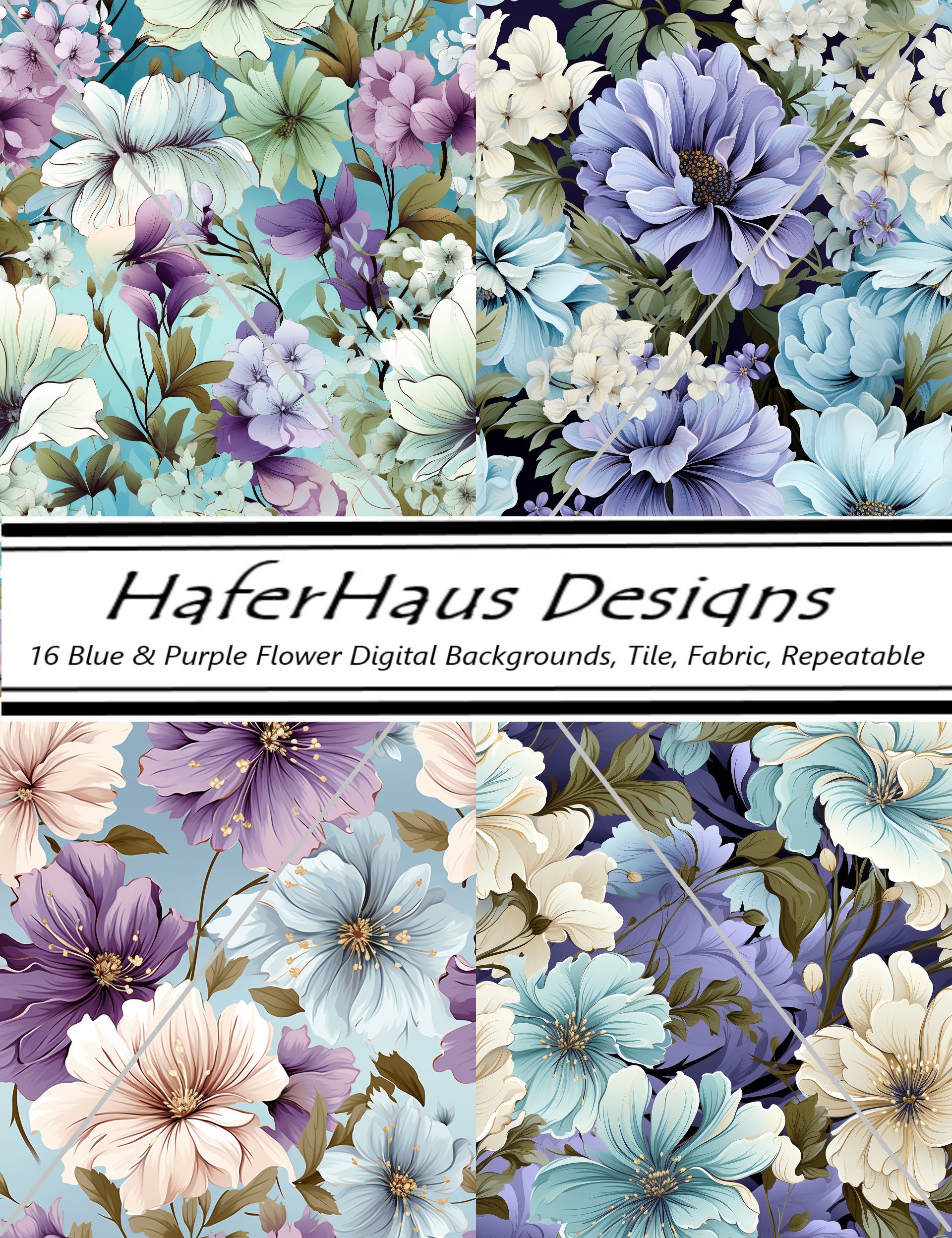 20 Blue & Purple Flower Digital Backgrounds, Tiles, Fabric, Wrapping ...