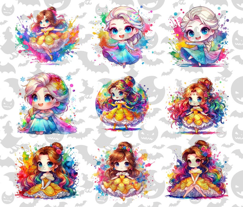 64 Designs Princesses Watercolor Bundle Png, Colorful Princesses Png ...
