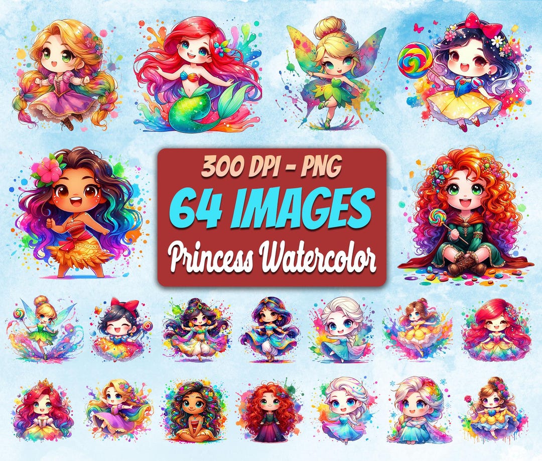 64 Designs Princesses Watercolor Bundle Png, Colorful Princesses Png ...
