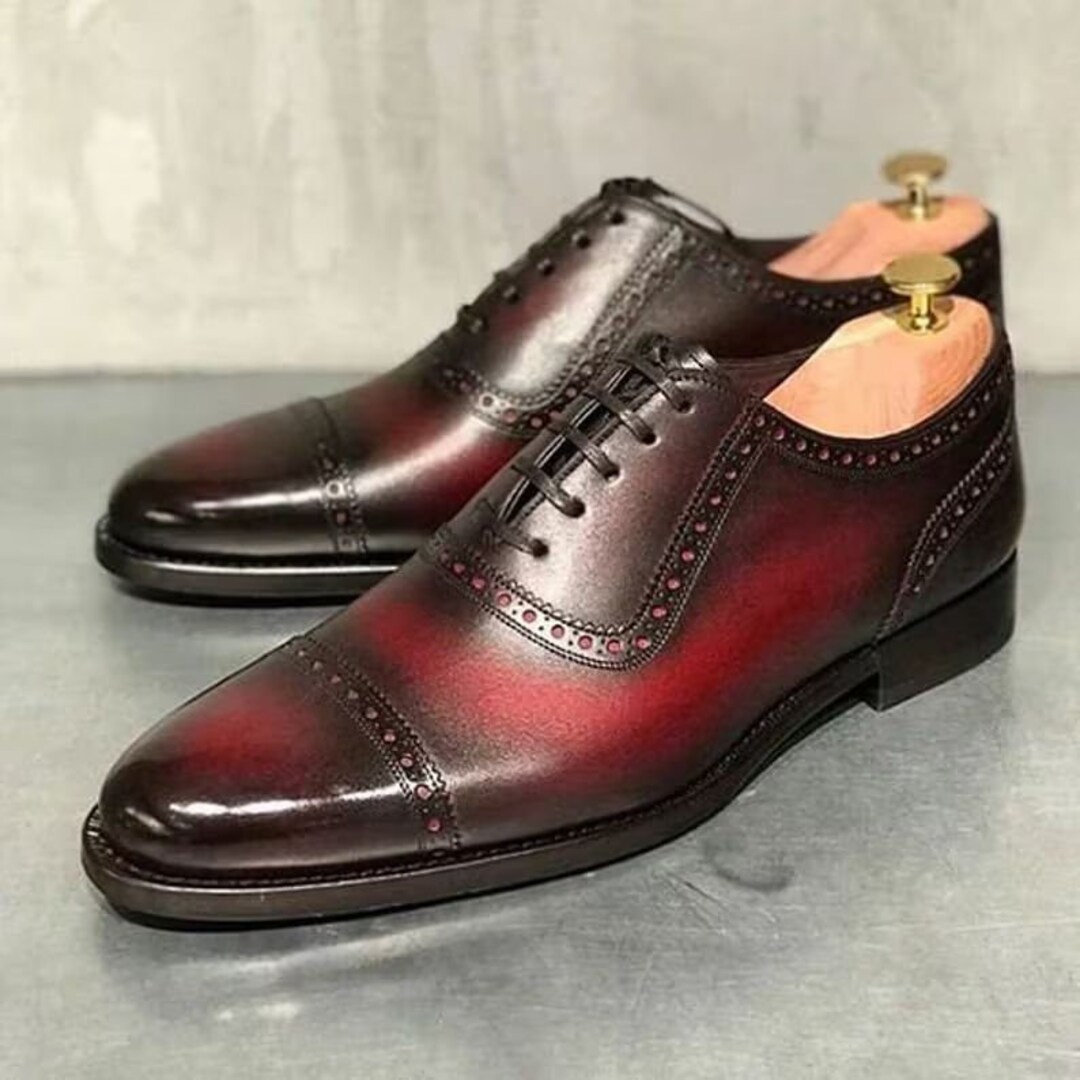 Men’s Handmade Red Patina Leather Oxford Shoes, Men’s Formal Business ...