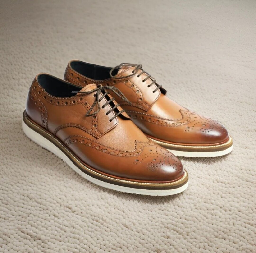 Men’s Handmade Tan Leather Brogue Wingtips in Italian Vibram Comfort ...