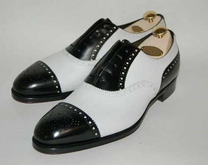 Men’s Handmade Two Tone Black and White Oxford Shoe, Wingtip and Cap ...