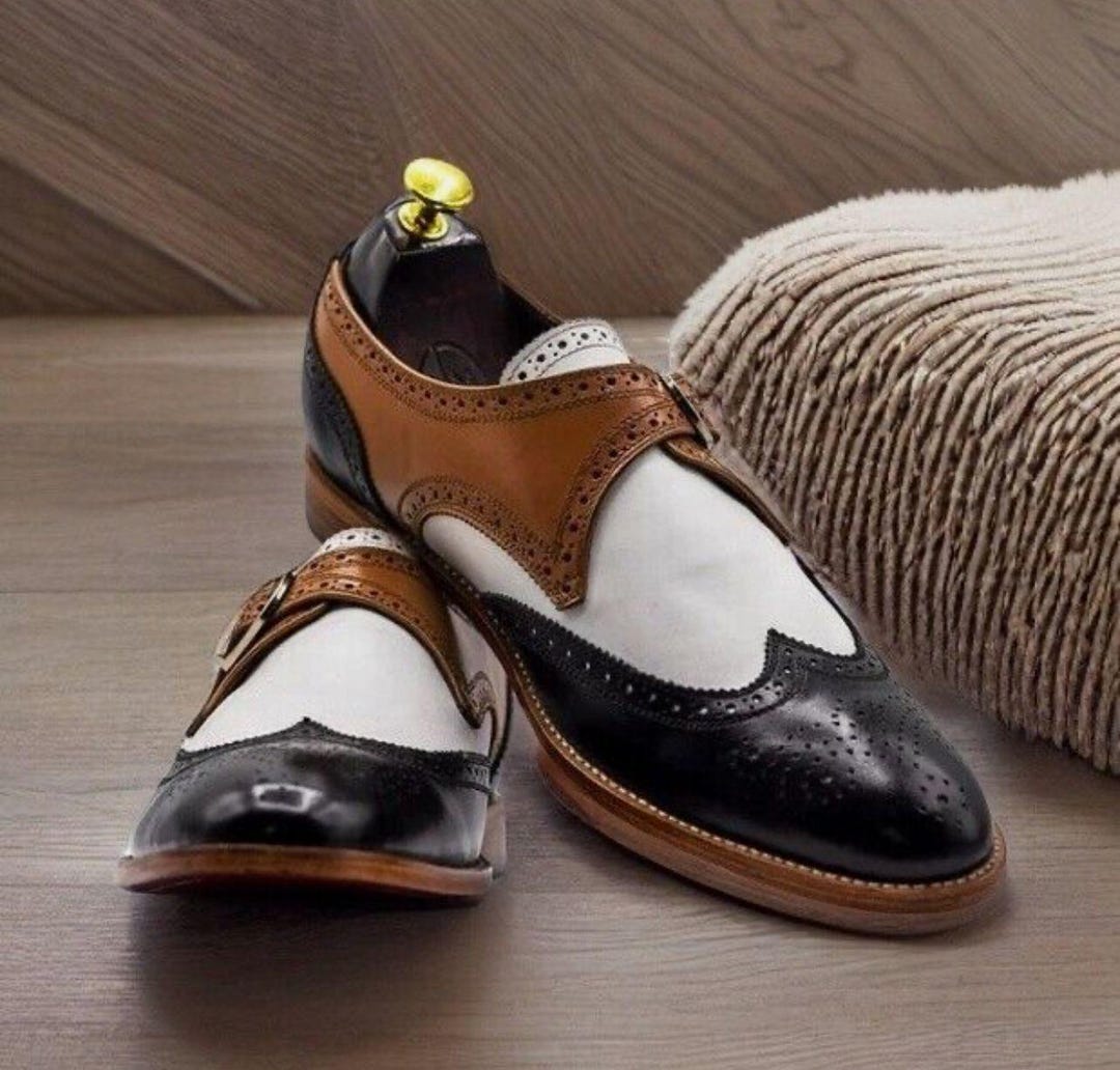 Men’s Handmade Three Tone Leather Wingtip Single Monk Brogue Shoes - Etsy