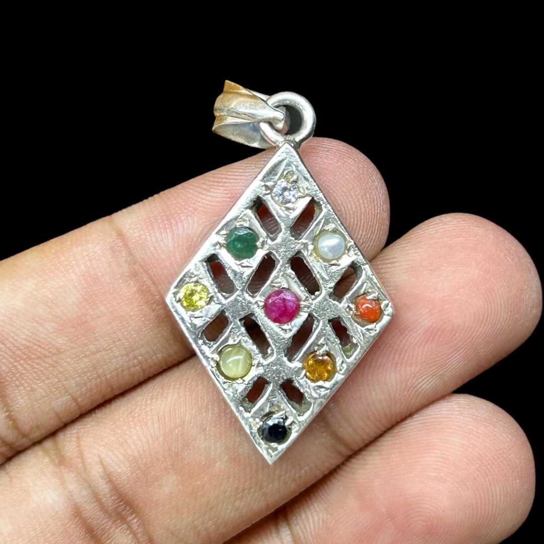 Natural Navratna Triangle Shape Gemstone Pendant in 925 Sterling Silver ...