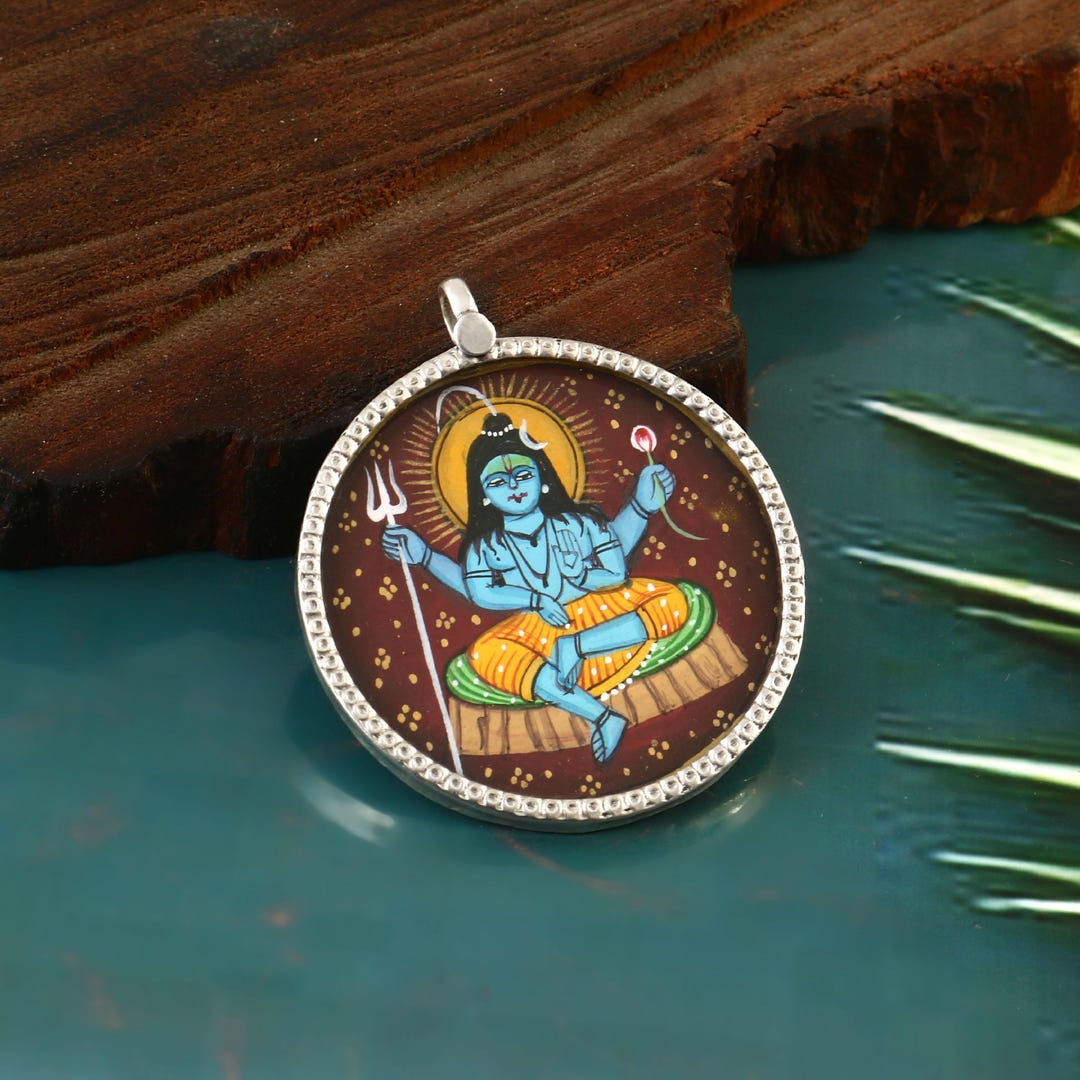 Round Shape Hand-painted Lord Shiva Pendant in 925 Sterling Silver ...