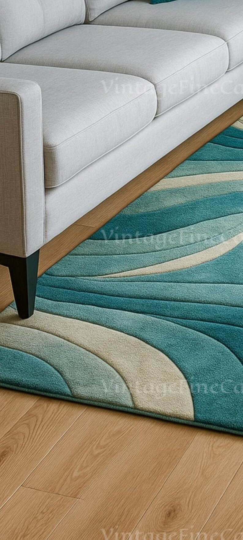 Modern Ocean Wave Rug | Handmade New Zealand Wool Rug, Teal & Cream ...