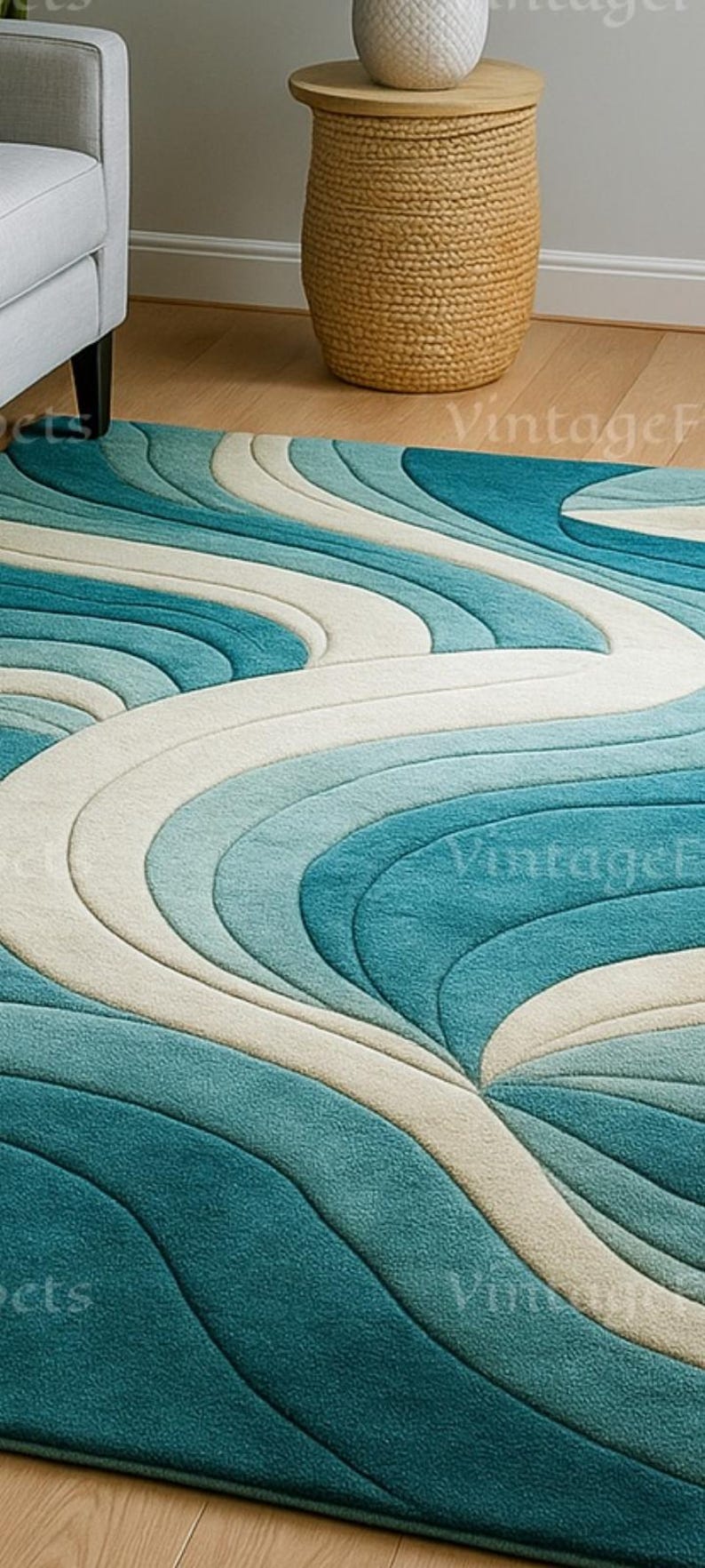 Modern Ocean Wave Rug | Handmade New Zealand Wool Rug, Teal & Cream ...