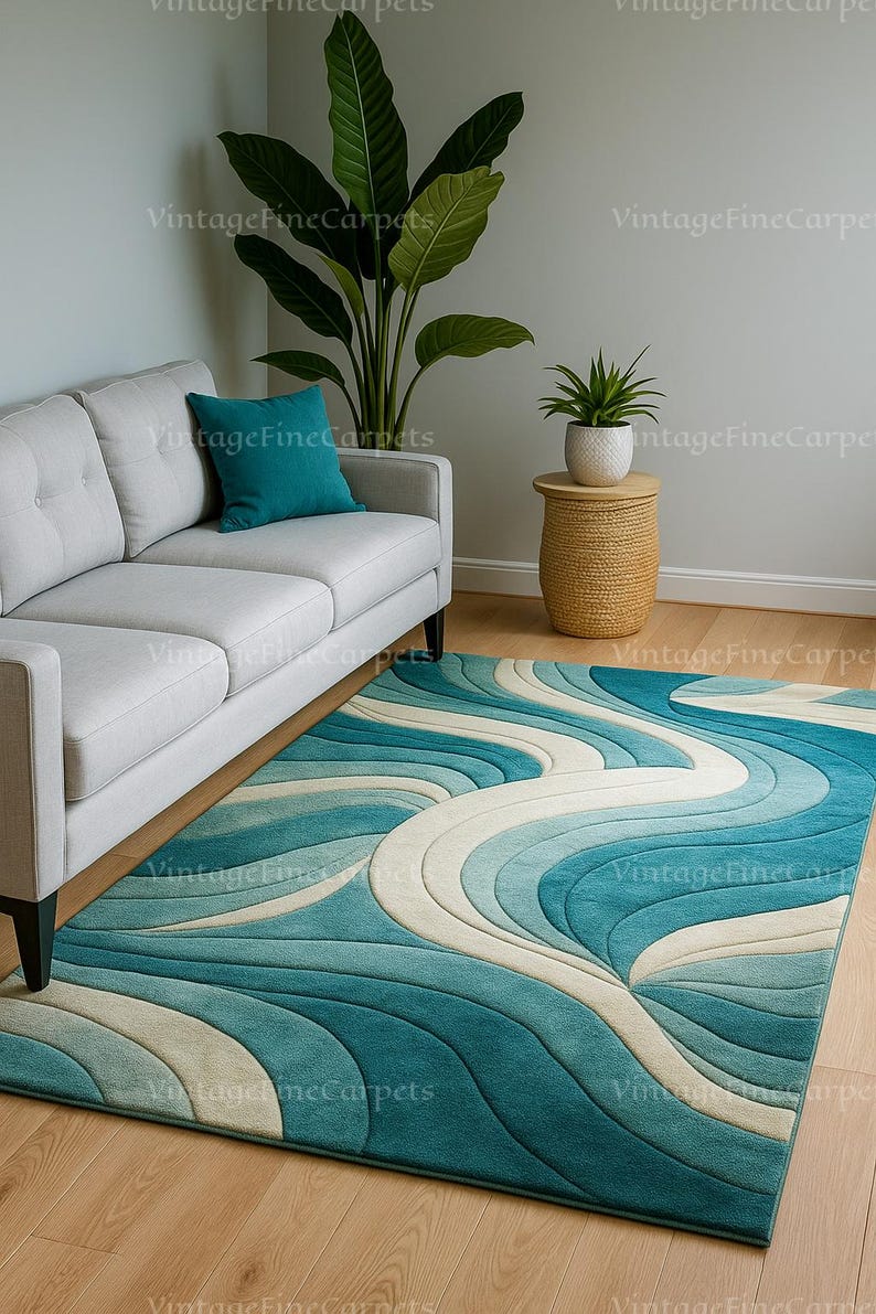 Modern Ocean Wave Rug | Handmade New Zealand Wool Rug, Teal & Cream ...