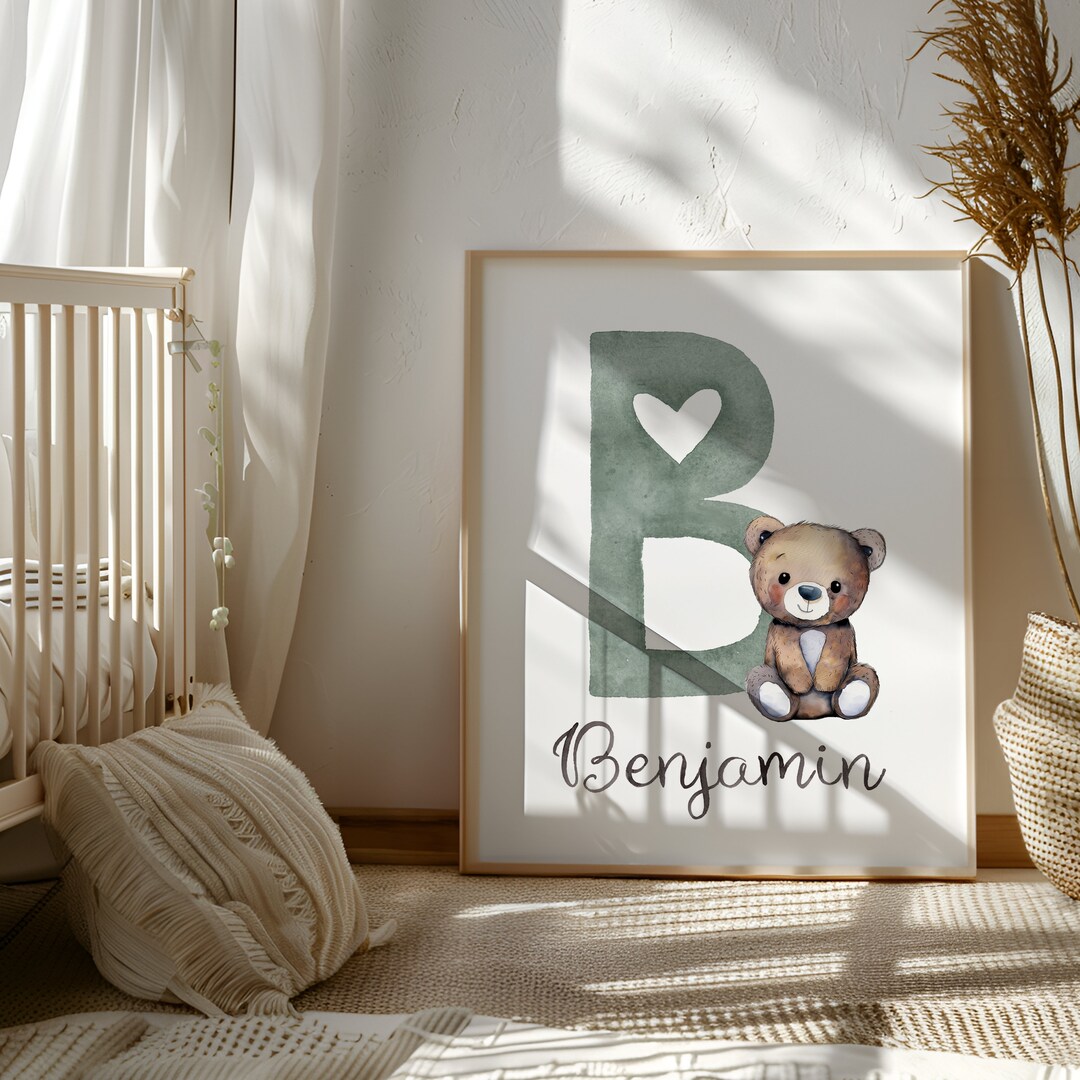 Name Nursery Decor | Bear Digital Download | Kids Initial Print | Baby ...