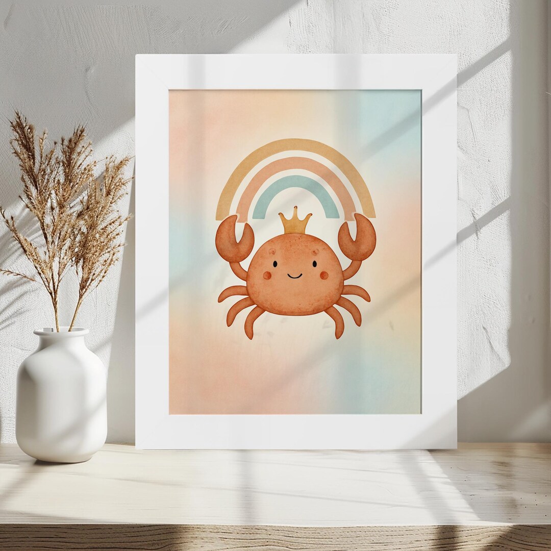 Ready to Hang Frame Crab With Tiny Crown Colorful Art Boho Print With ...
