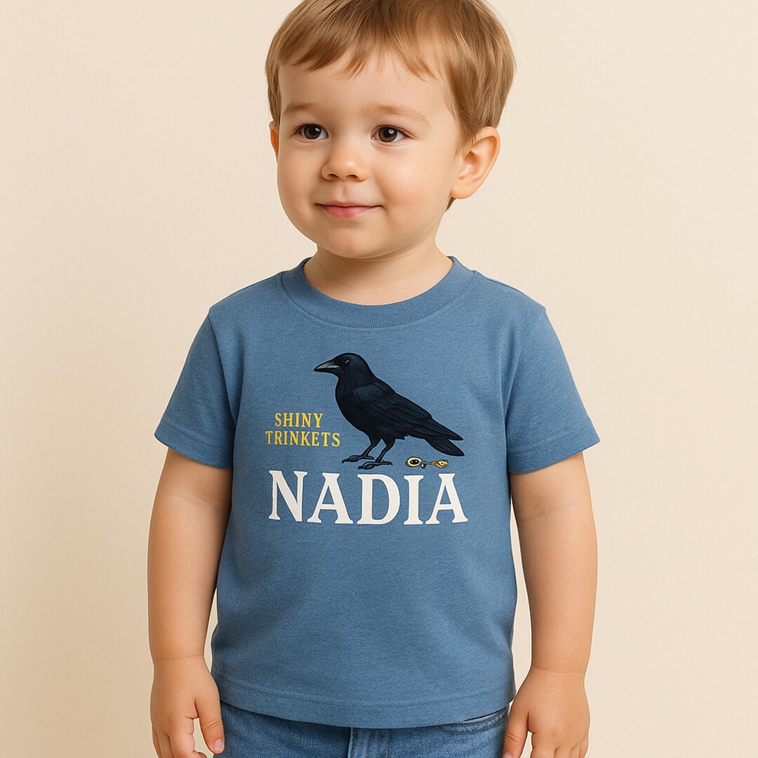 Custom Crow Shiny Trinket Name Kid T Shirt in Heather Blue Cute Gift ...