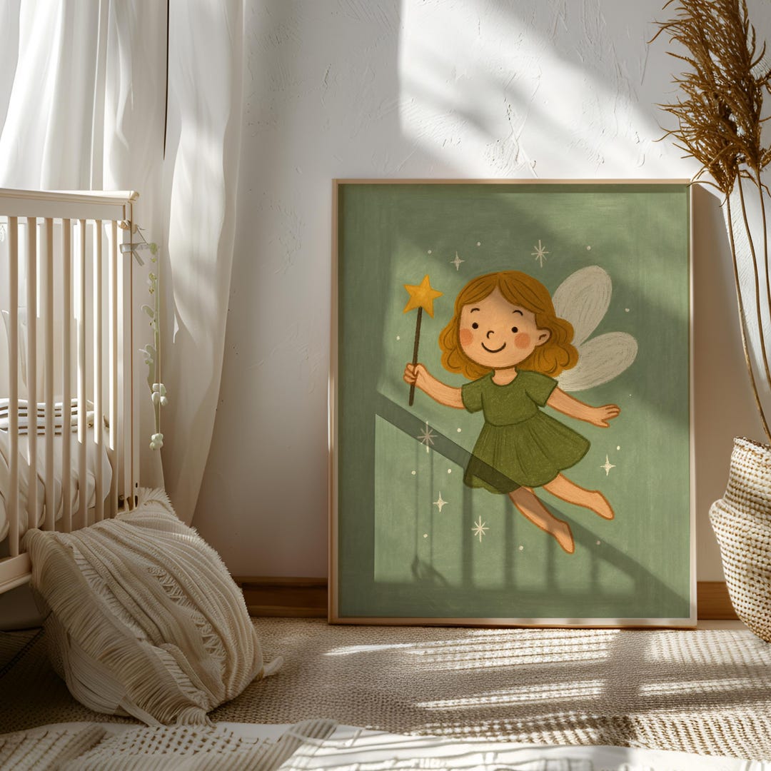 Modern Kids Printable Art Magic Fairy in Sage Green Textured Style ...