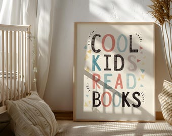 White Cool Kids Read Books Printable, Kids Reading Book, Playroom Wall ...