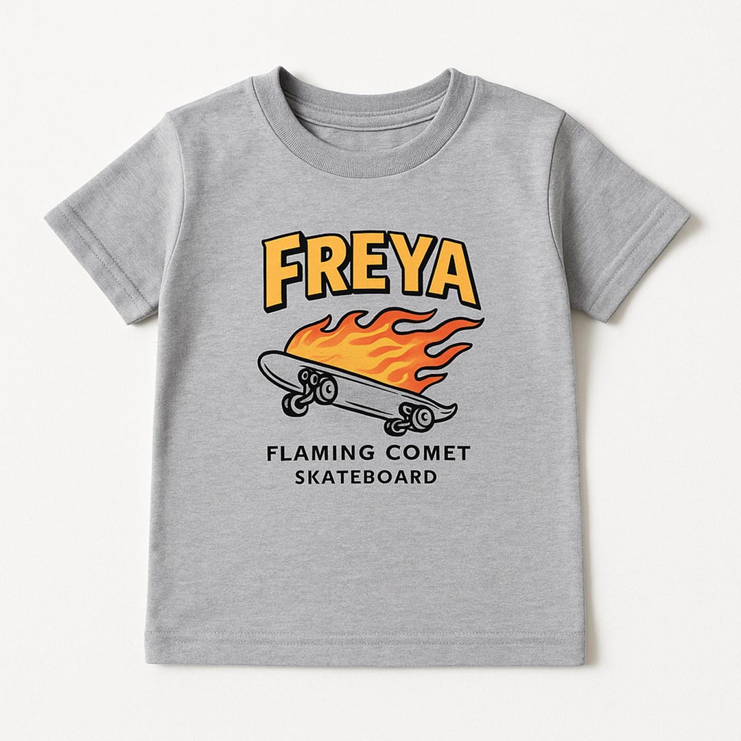 Custom Flaming Comet Skateboard Name Boy T Shirt in Heather Gray Add ...