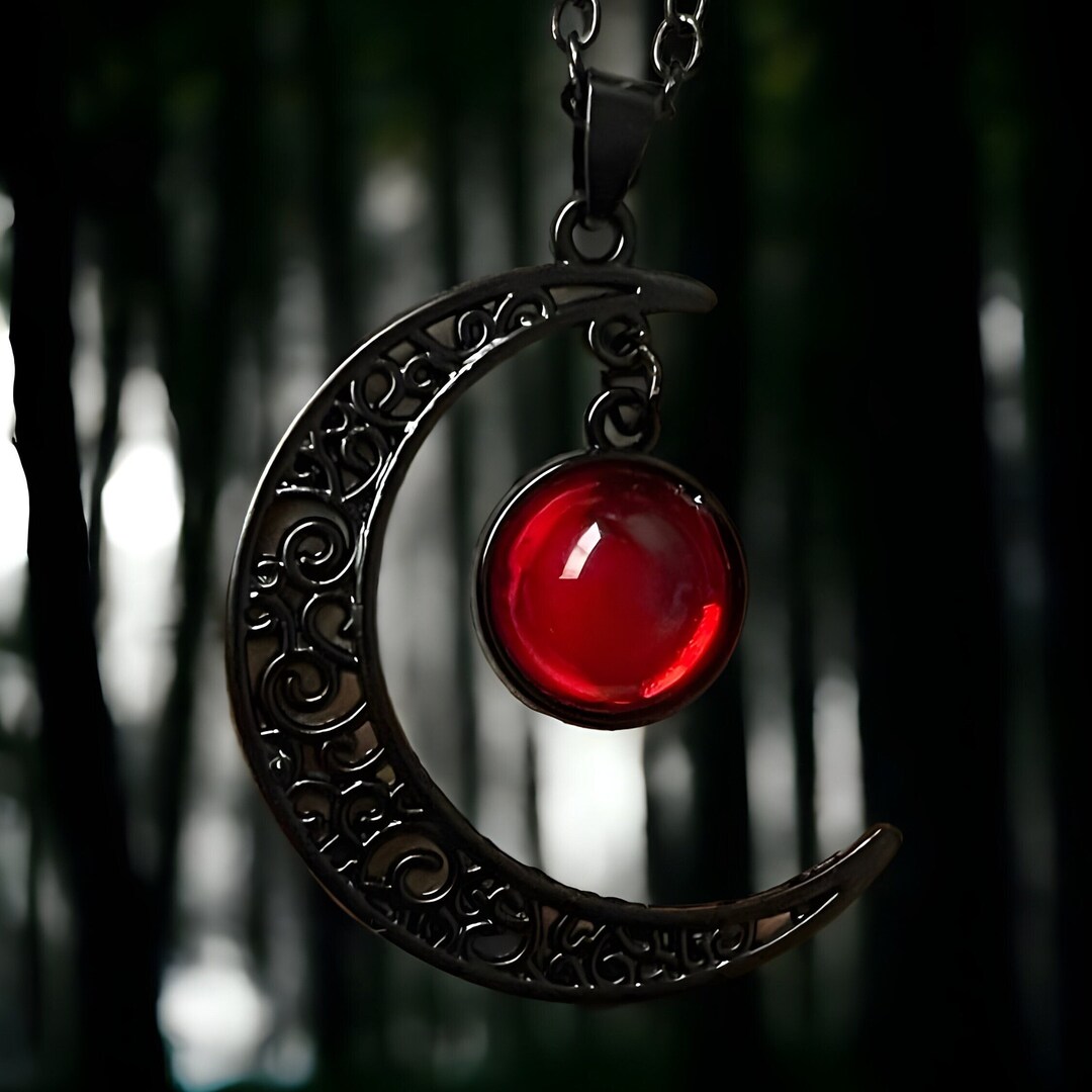 Blood Crescent Moon Necklace Wiccan, Gothic Victorian Style, Garnet ...