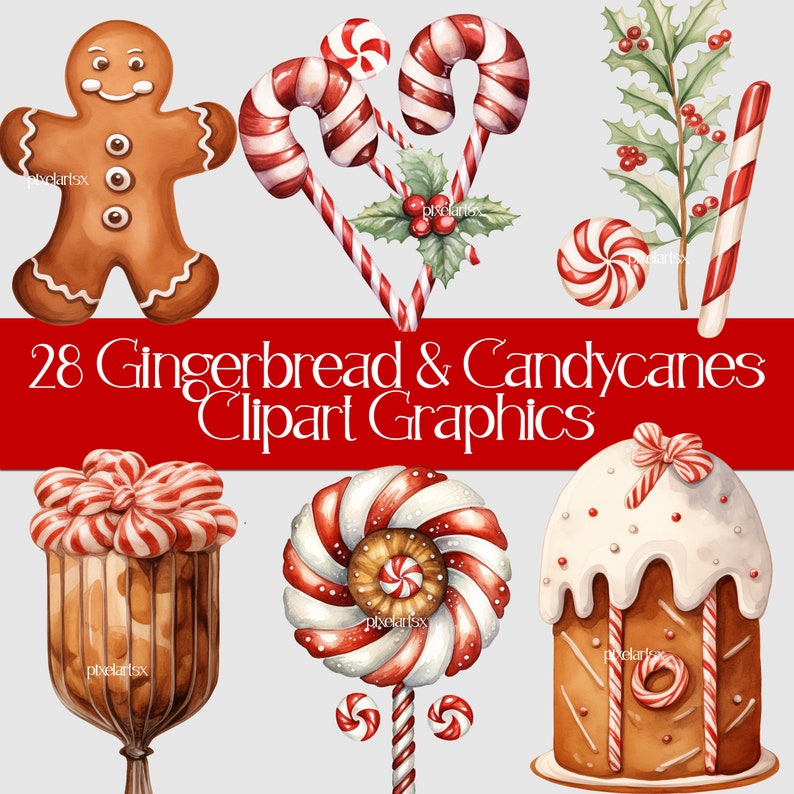 28 Gingerbread & Candycane Clipart HQ PNG Graphics // Christmas Festive ...