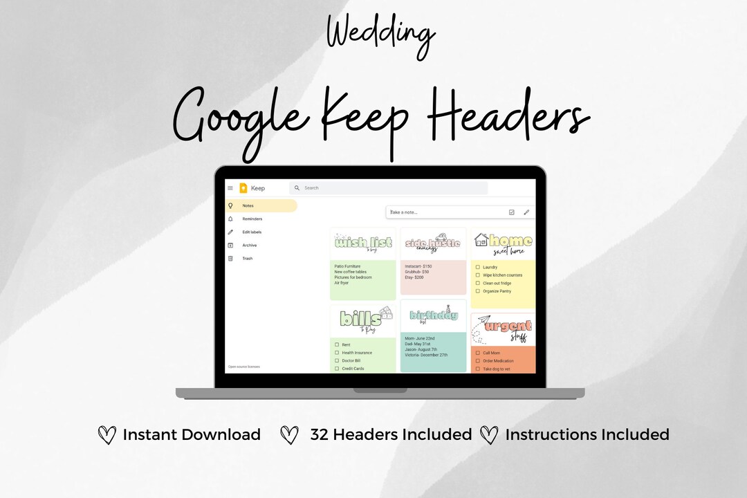 Google Keep Headers- Wedding Package-digital List, Minimalist Design ...