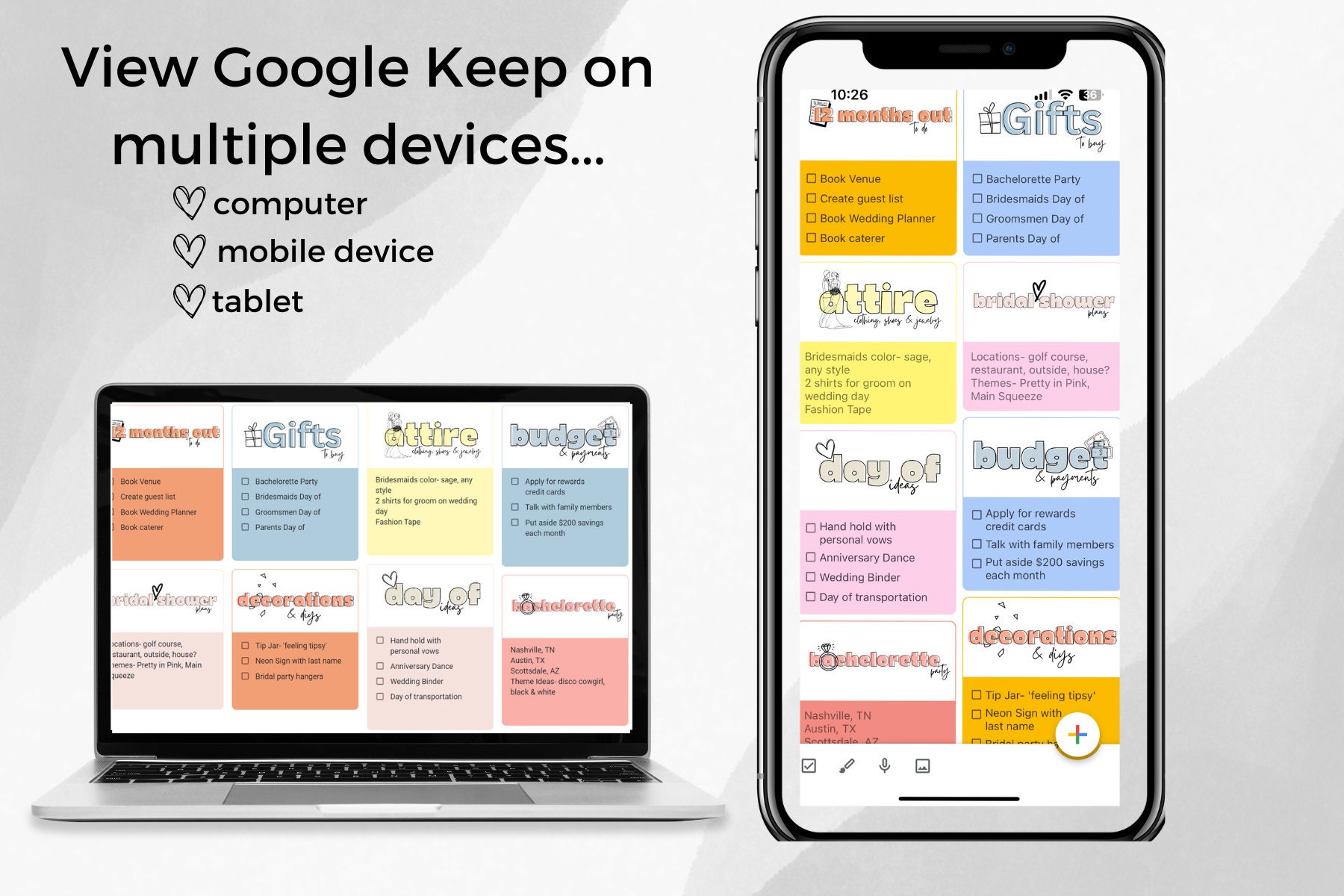 Google Keep Headers- CUSTOMIZABLE Wedding Package -digital List ...