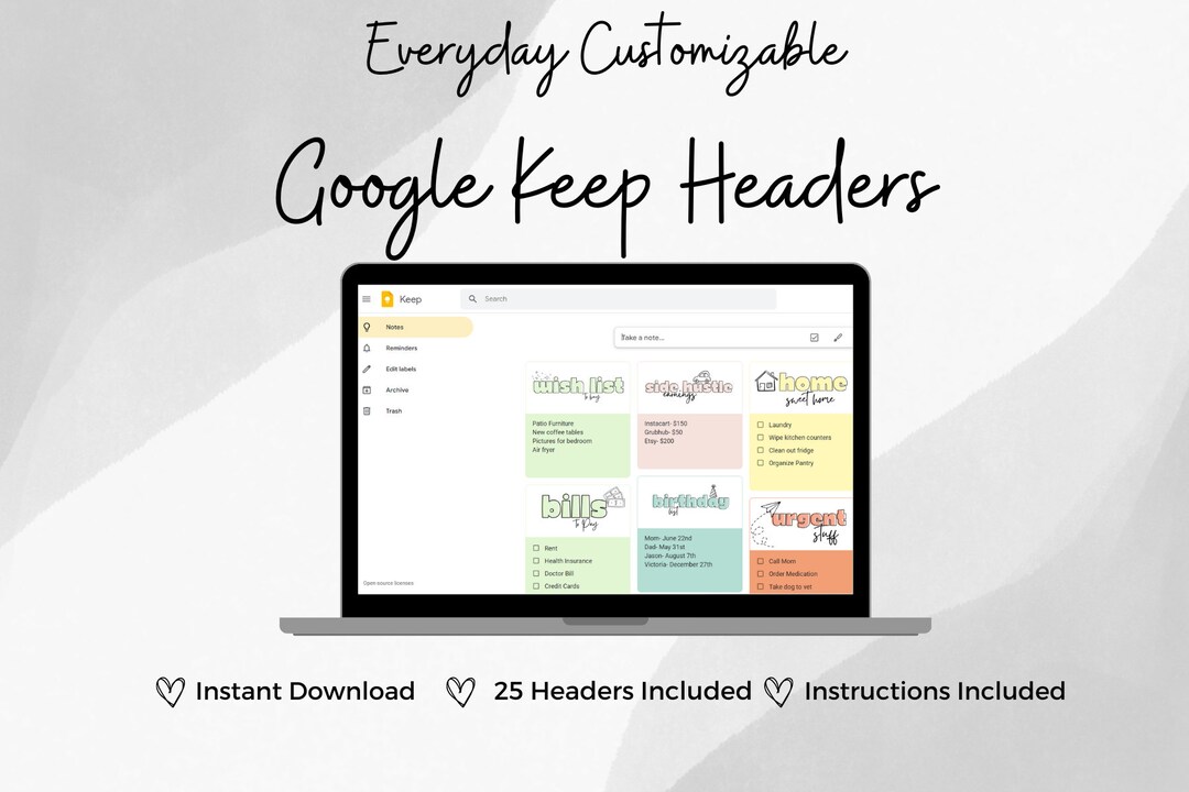 Google Keep Headers- CUSTOMIZABLE Everyday Package- Digital List ...