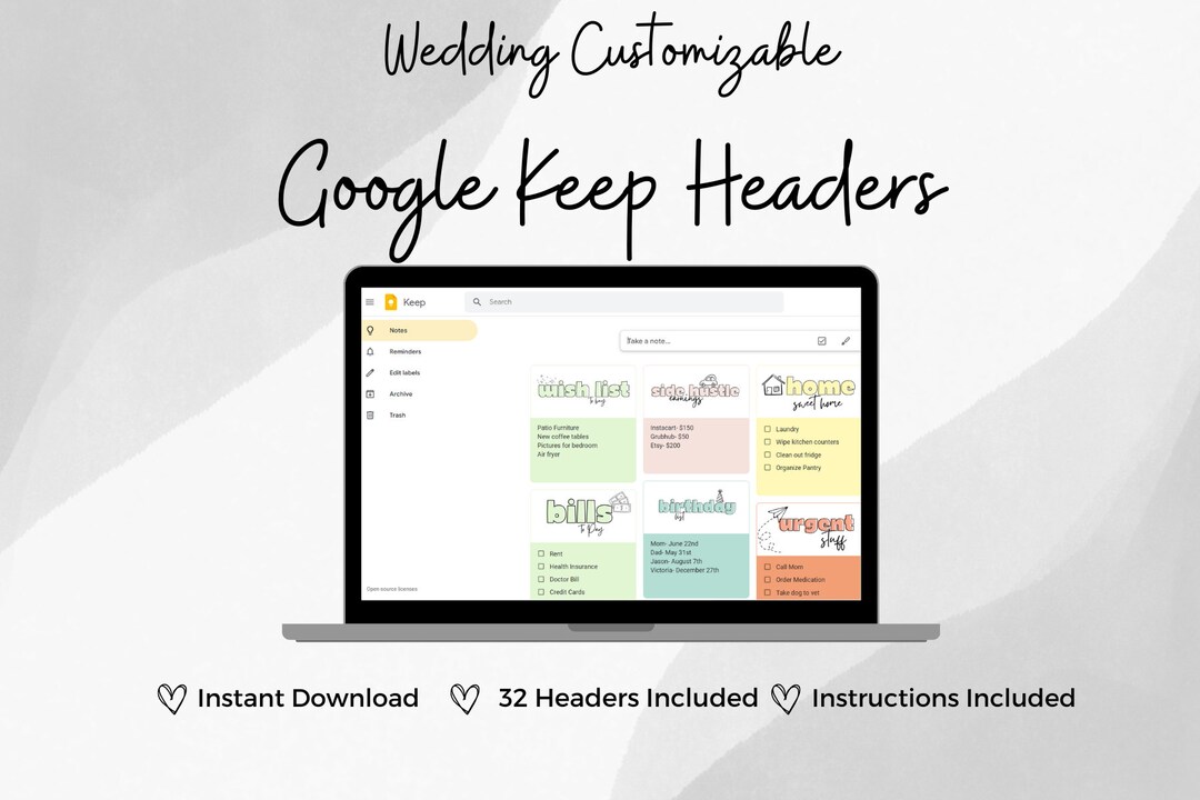 Google Keep Headers- CUSTOMIZABLE Wedding Package -digital List ...