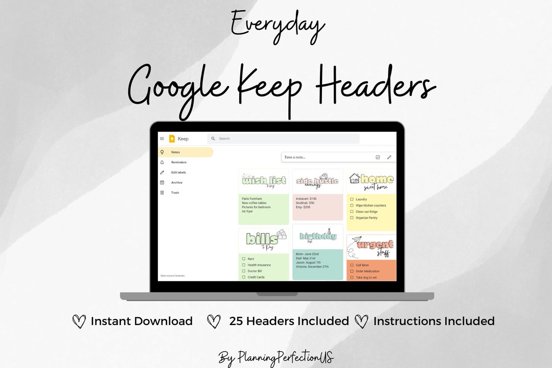 Google Keep Headers- Everyday Package- Digital List, Minimalist Design ...