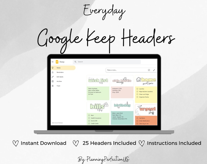 Google Keep Headers, Minimalist Design, Cute Fonts, Black and White - Etsy