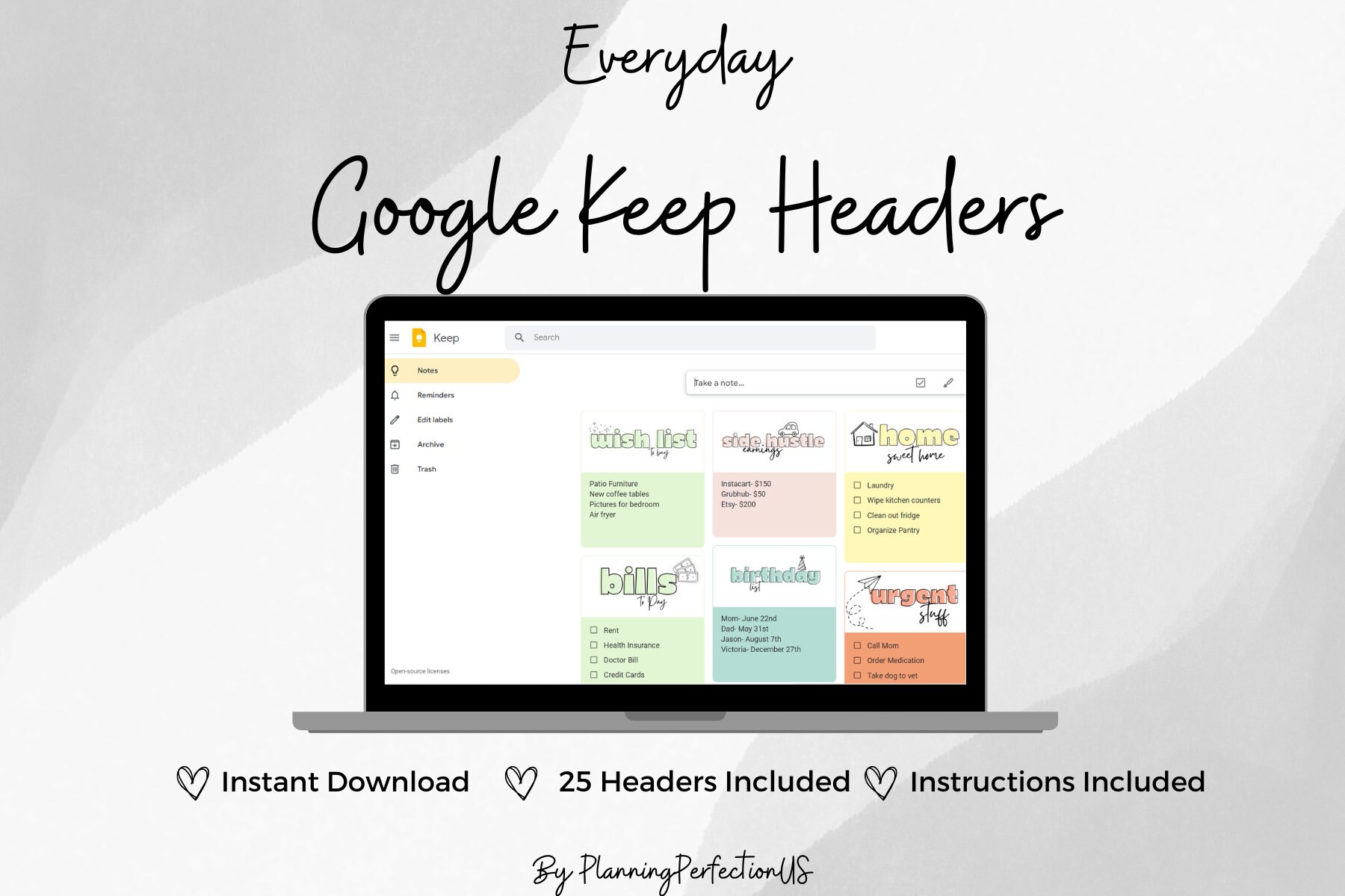Google Keep Headers- Everyday Package- Digital List, Minimalist Design ...