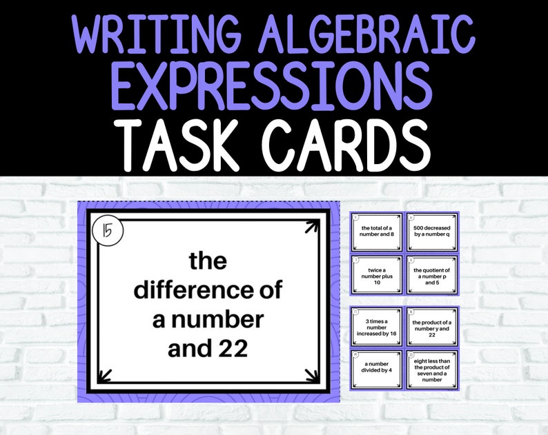 Writing Algebraic Expressions TASK CARDS (set of 25) - Etsy