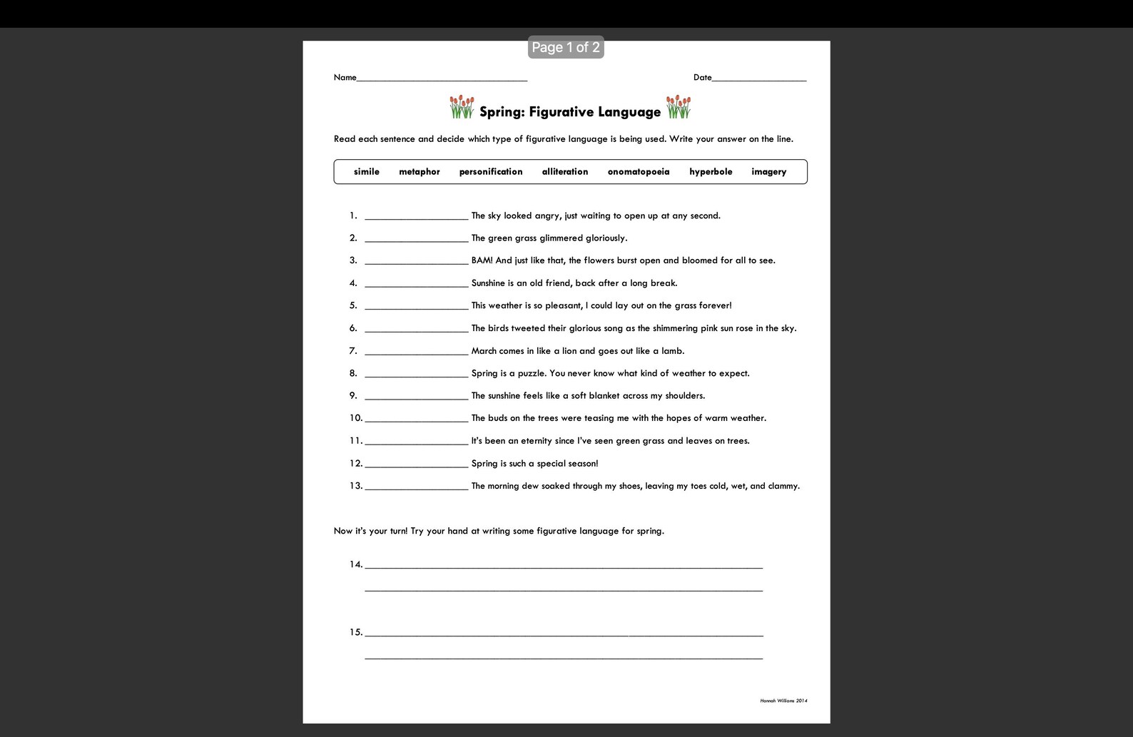 Spring ELA Worksheet Set | Figurative Language | Author's Purpose ...
