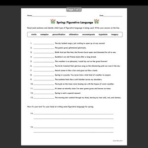 Spring ELA Worksheet Set | Figurative Language | Author's Purpose ...