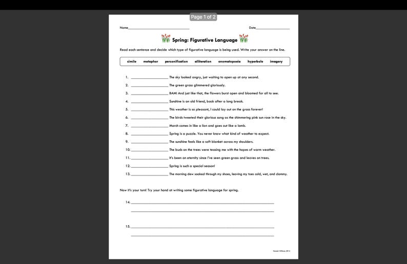 Spring ELA Worksheet Set | Figurative Language | Author's Purpose ...